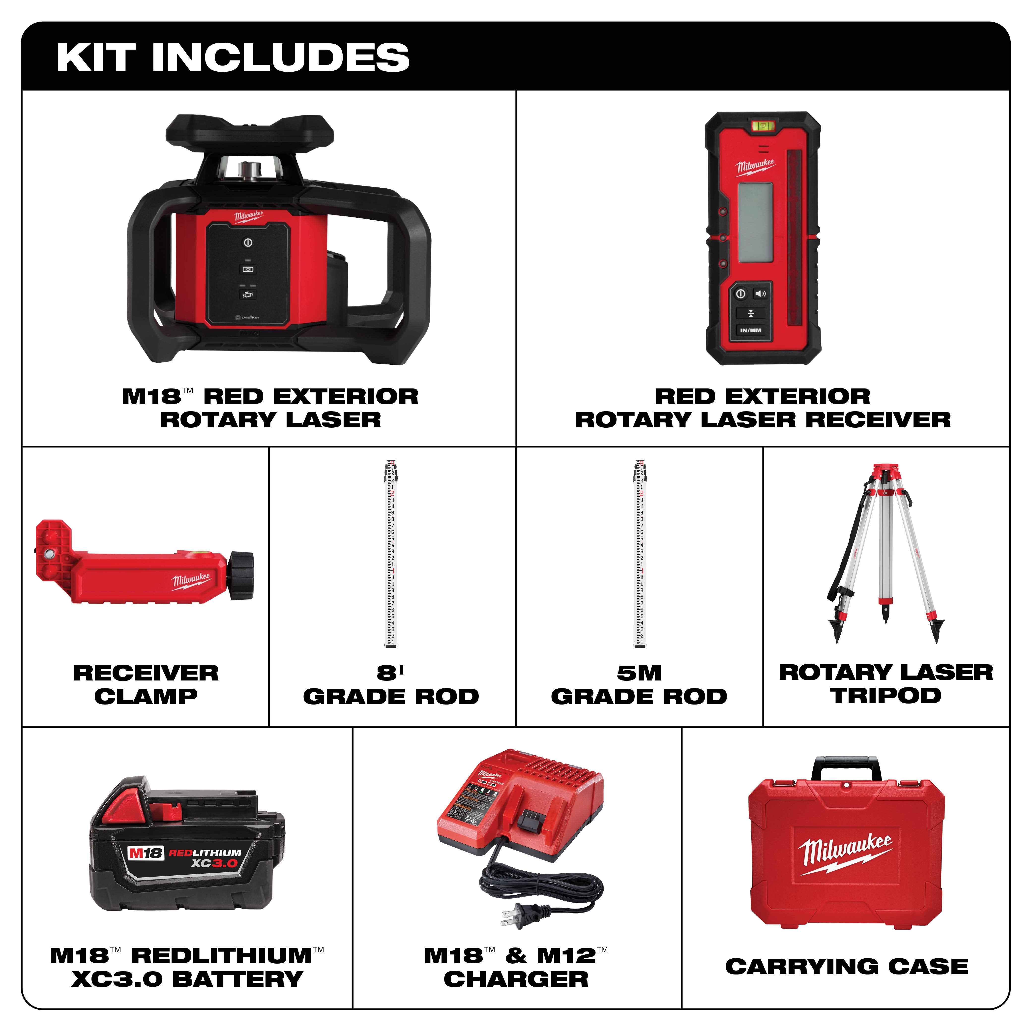 M18™ Red Exterior Rotary Laser Level Kit w/ Receiver, Tripod, & Grade ...